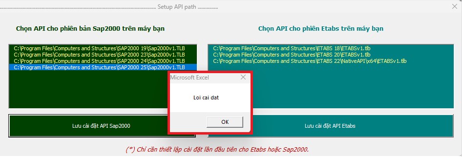 Hướng dẫn xử lý lỗi khi kết nối API Excel với Etabs, Sap2000